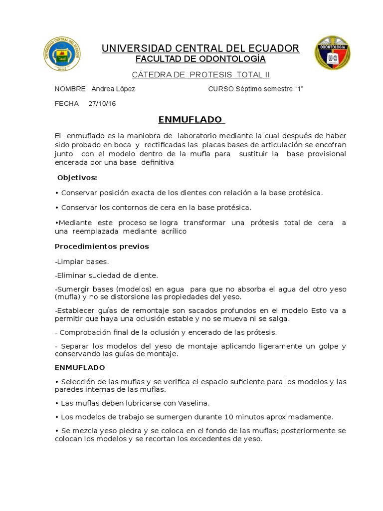 Proceso de Enmuflado en Prótesis Total | PDF | Dentadura postiza | Yeso