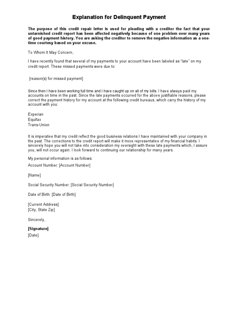 Sample Letter - Explanation For Delinquent Payment | PDF | Credit ...