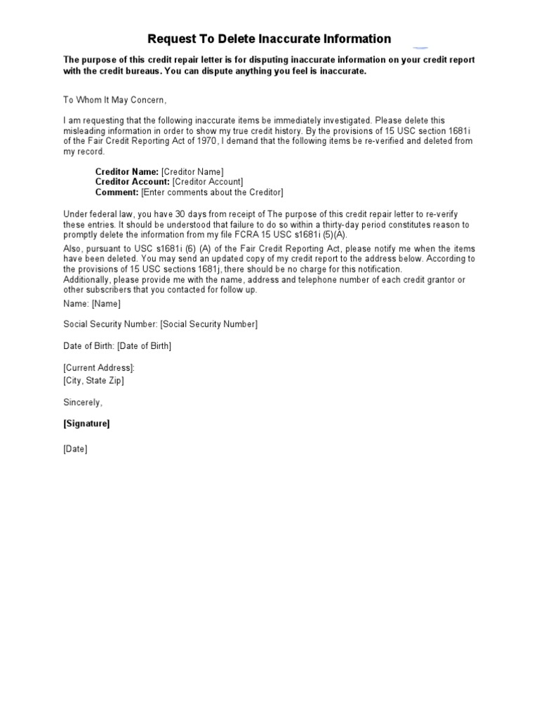 Sample Letter - Request To Delete Inaccurate Information