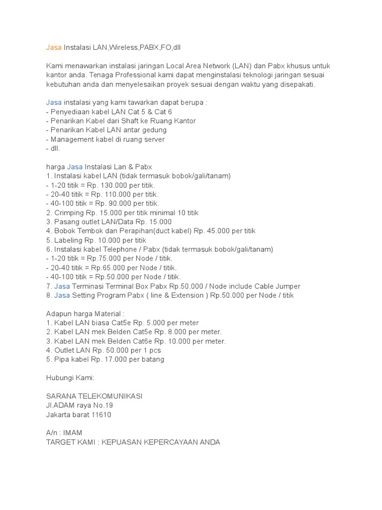 Jasa Instalasi LAN, Wireless, PABX, FO, DLL | PDF