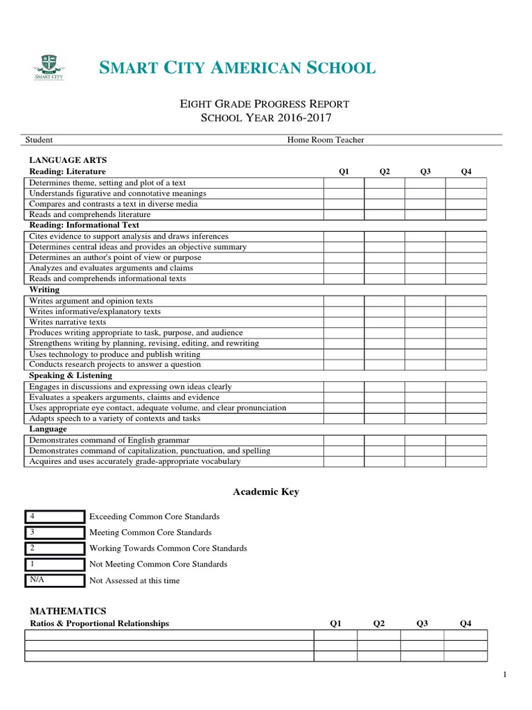 8th Grade Progress Report | PDF | Common Core State Standards ...