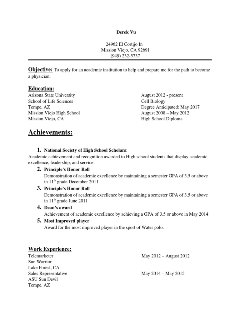 Derek's Resume | Arizona State University | Medicine | Free 30-day ...