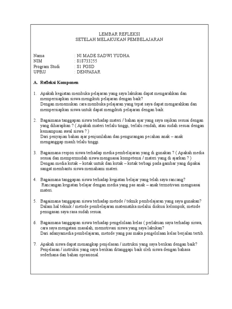 Lembar Refleksi Matematika 5 1 | PDF