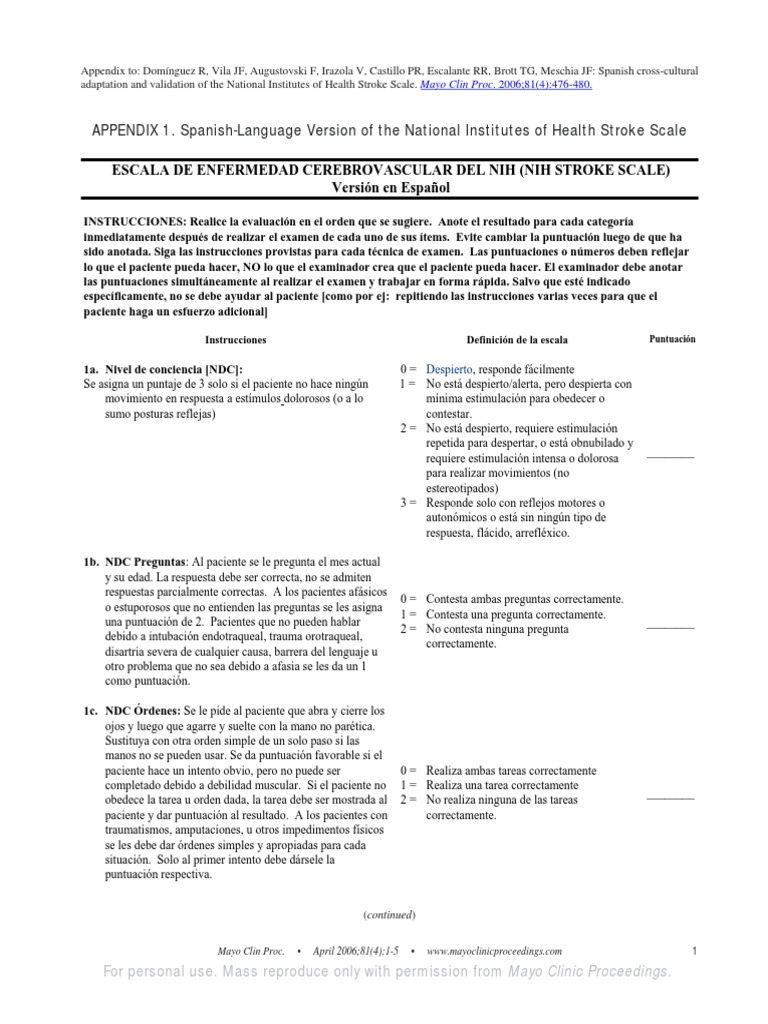Escala NIHSS en Español | PDF | Afasia | Medicina