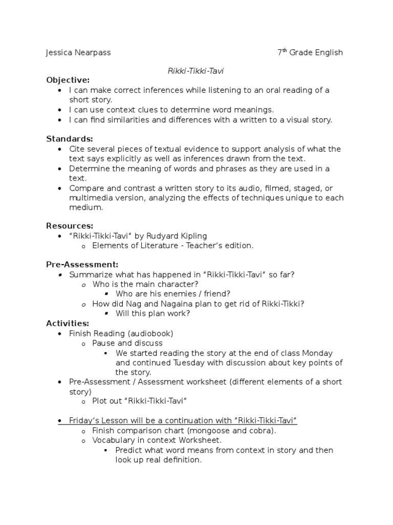 Rikki-Tikki-Tavi Lesson Plan | PDF