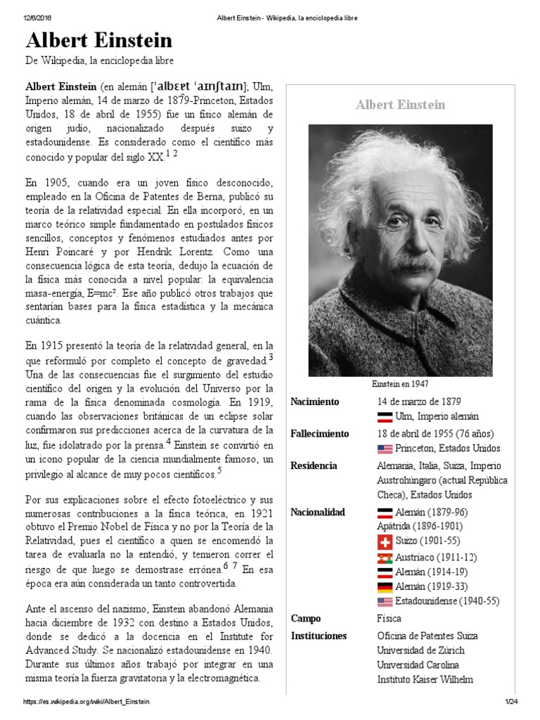 Albert Einstein - Wikipedia, La Enciclopedia Libre | PDF | Albert ... Albert Einstein - Wikipedia, La Enciclopedia Libre | PDF | Albert ...