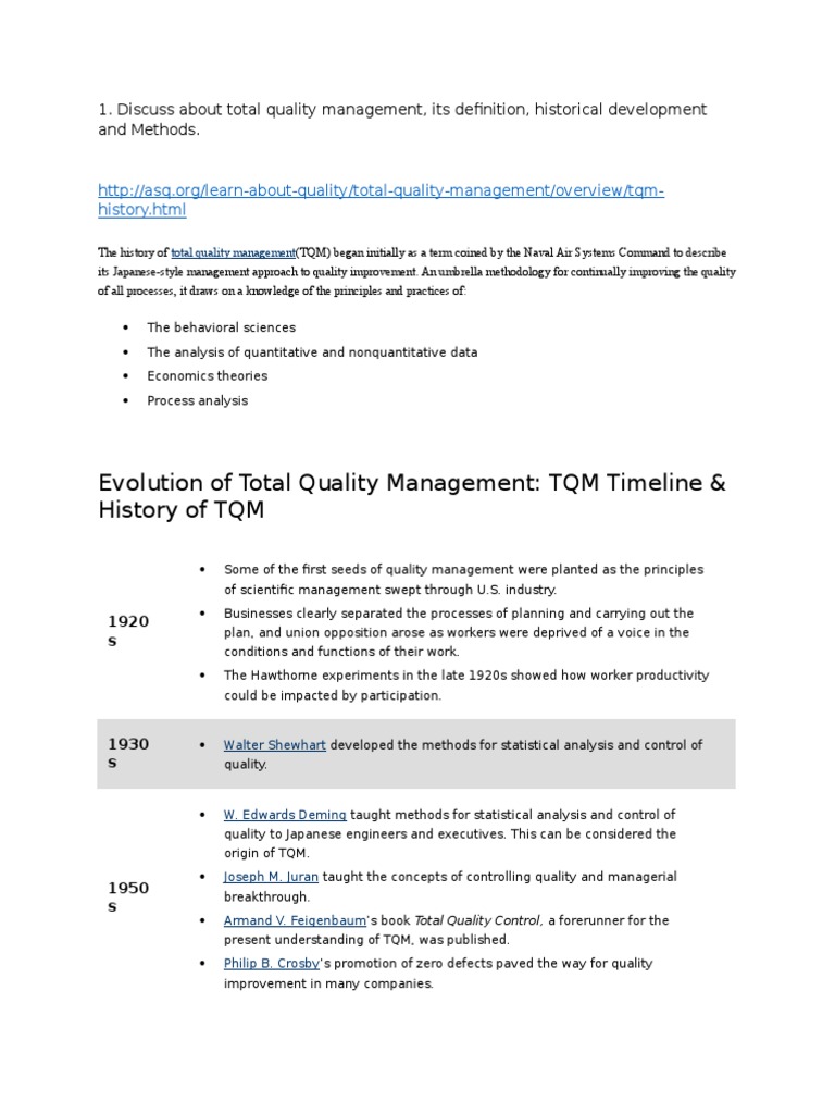 Evolution of Total Quality Management: TQM Timeline & History of TQM | PDF