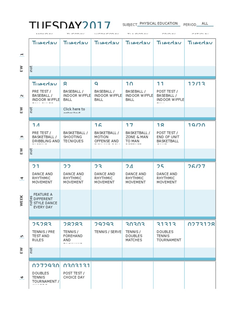 January 2017 Physical Education Calendar | PDF