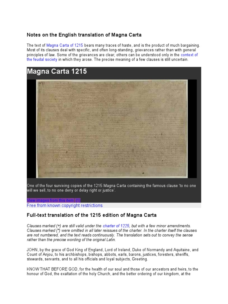 Magna Carta 1215: Notes On The English Translation of Magna Carta | PDF ...