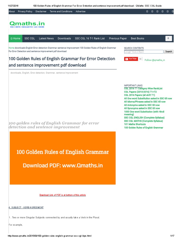 100 Golden Rules of English Grammar For Error Detection and Sentence ...