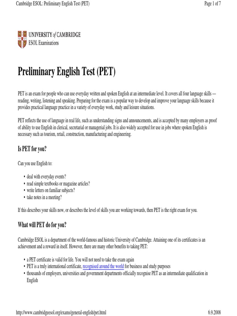Preliminary English Test (PET) : Is PET For You? | PDF | Humanities ...