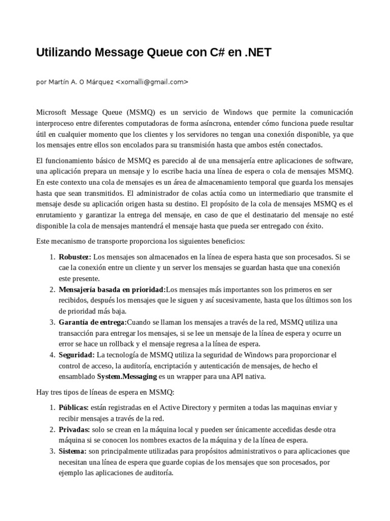 Programando Microsoft Message Queue MSQ Con C# Parte I | PDF
