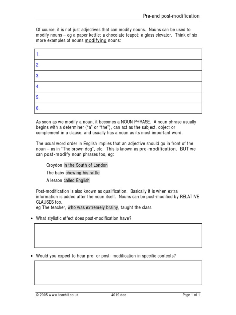 Pre-And Post-Modification: © 2005 WWW - Teachit.co - Uk 4019.doc Page 1 ...