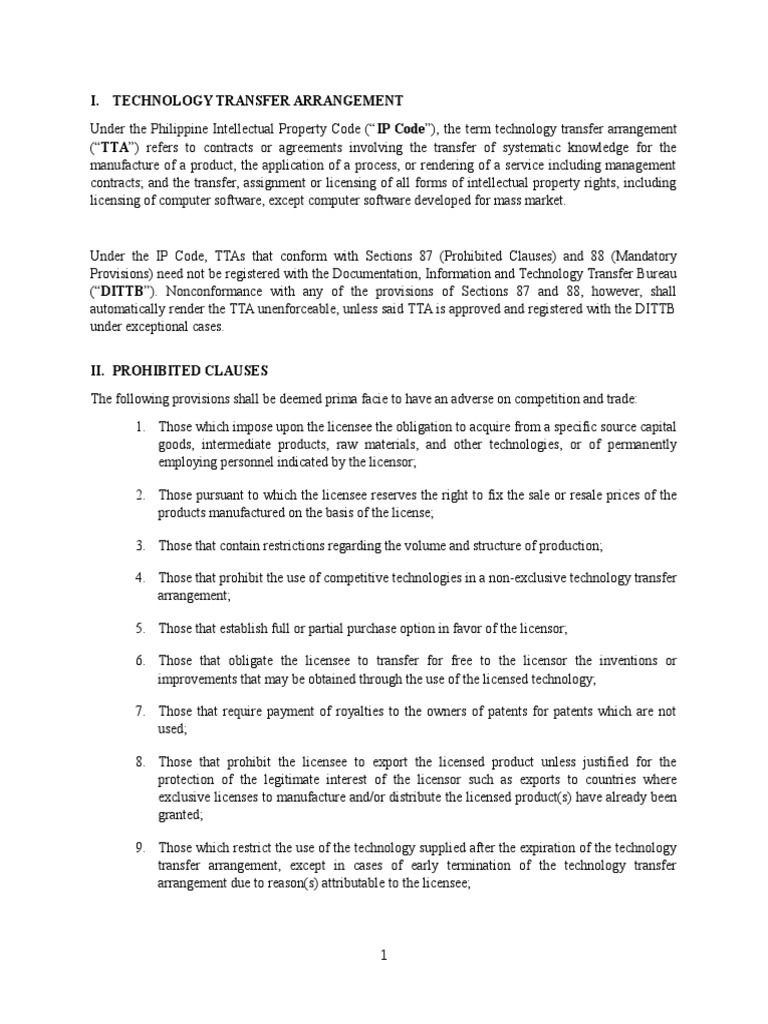 Technology Transfer Arrangements - Prohibited and Mandatory Clauses ...