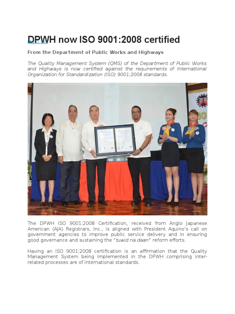 DPWH Now Iso 9001 | PDF | Iso 9000 | Evaluation
