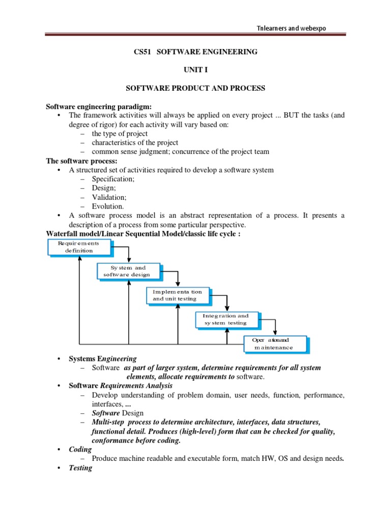 Cs51 Software Engineering Unit I Software Product and Process Software ...