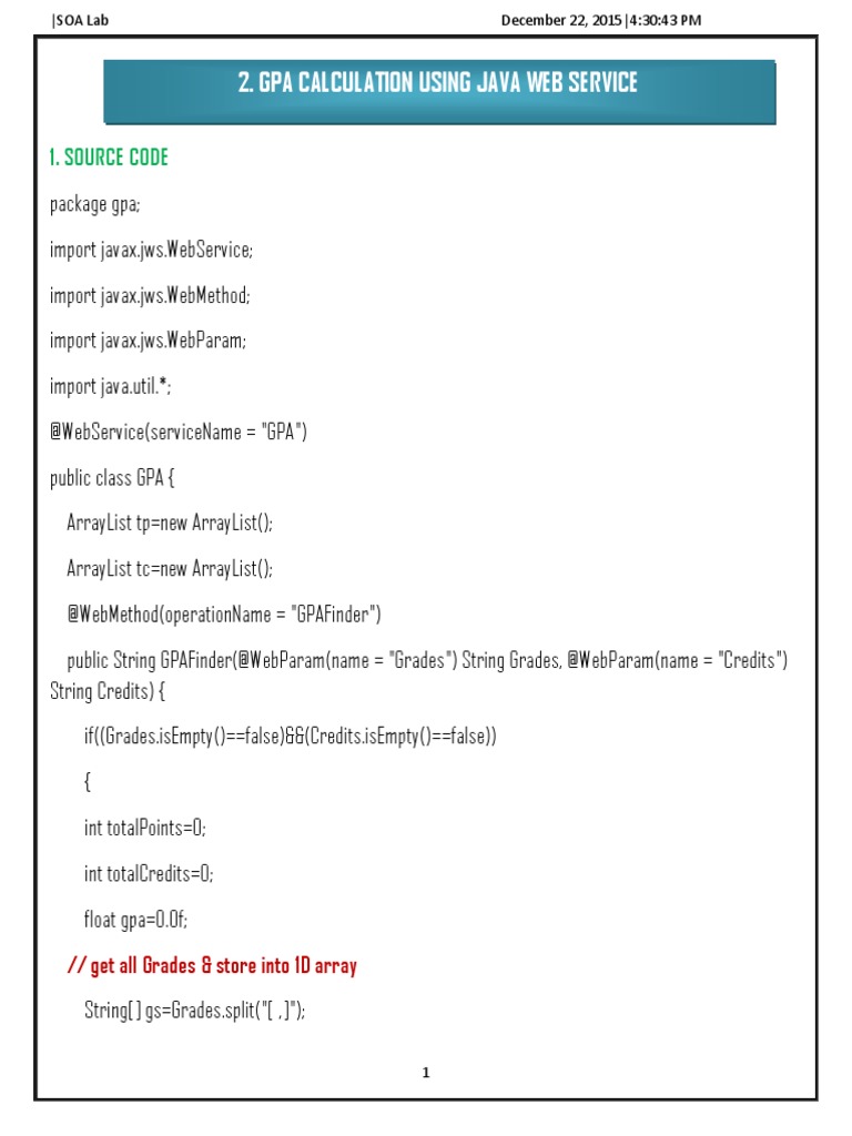 Gpa Calculation Using Java Web Service: 1. Source Code | PDF