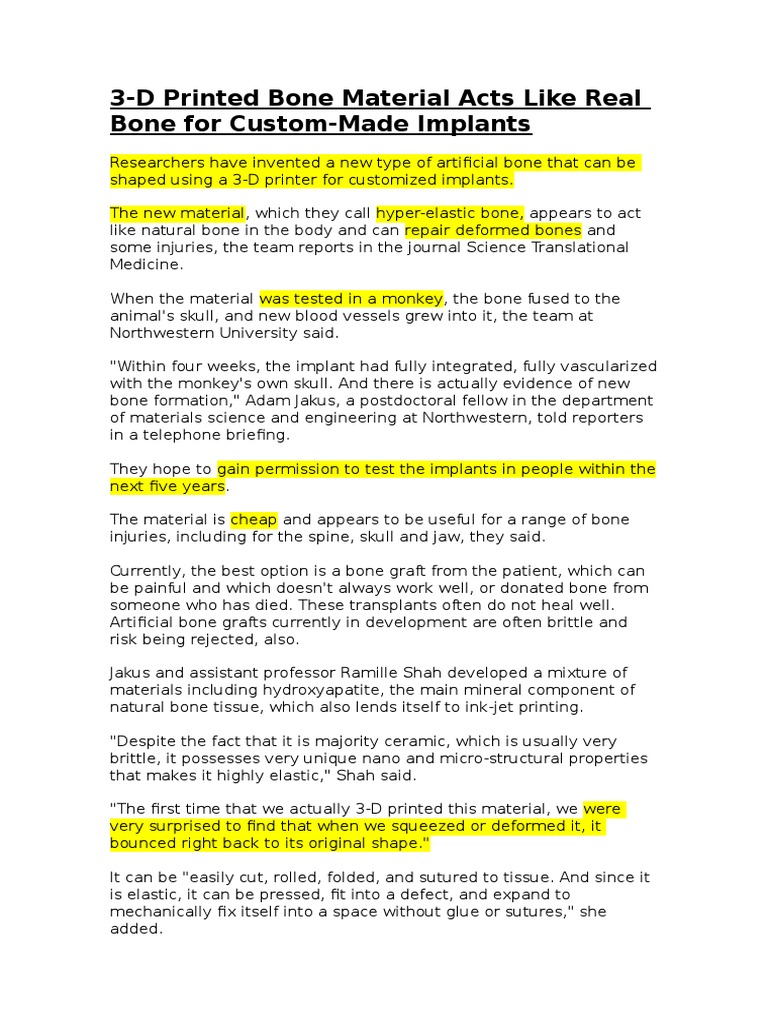 3-D Printed Bone Material Acts Like Real Bone For Custom-Made Implants ...