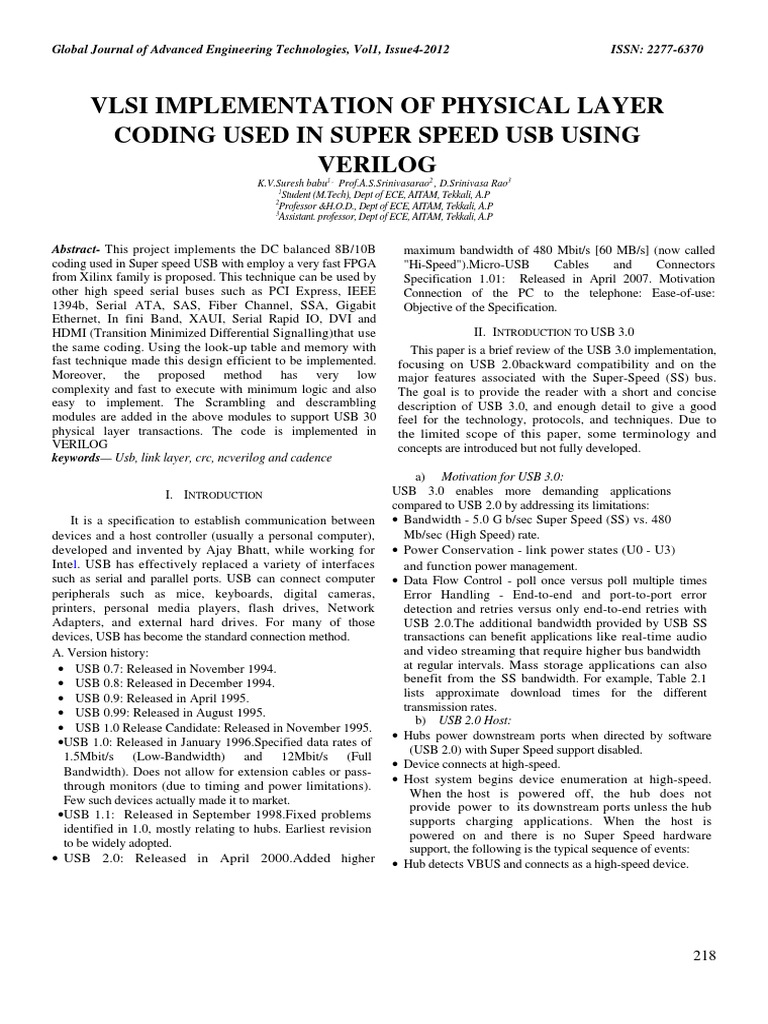 Vlsi Implementation Of Physical Layer Coding Used In Super Speed Usb Using Verilog Pdf Usb