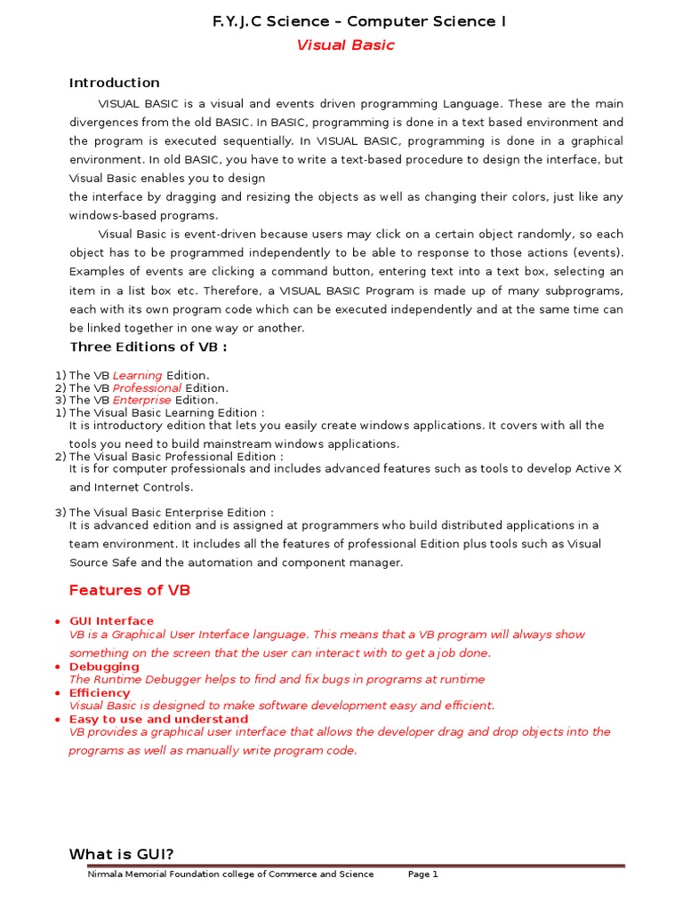 An Introduction to Visual Basic Programming and the Visual Basic Environment | PDF | Graphical ...