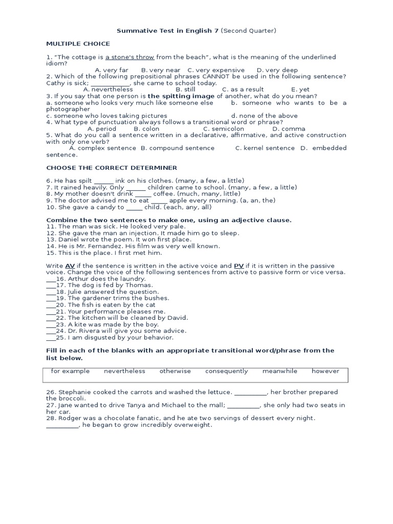 Summative Test in English 7 | PDF | Sentence (Linguistics) | Syntax