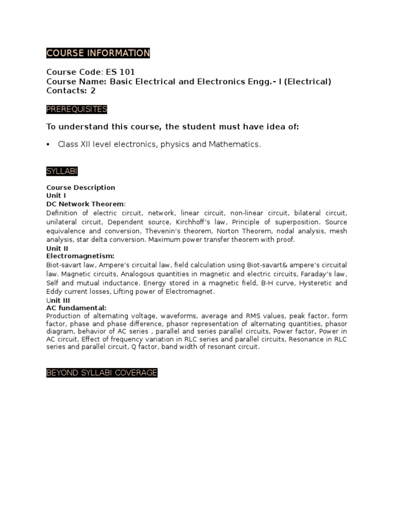 Course Information: Course Code: ES 101 Course Name: Basic Electrical ...