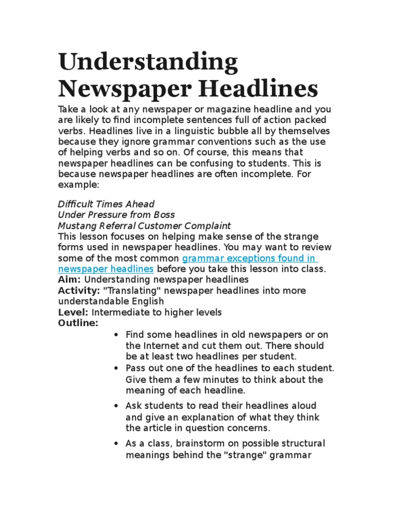 Understanding Newspaper Headlines | Verb | Question