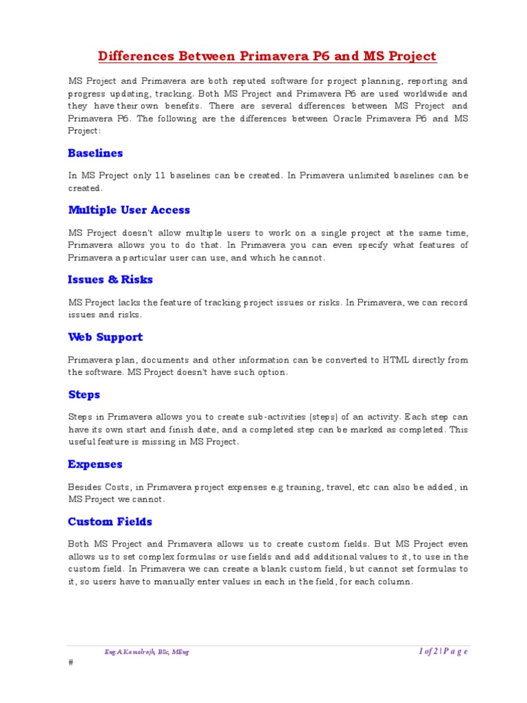 Differences Between Primavera P6 and MS Project: Baselines | PDF ...