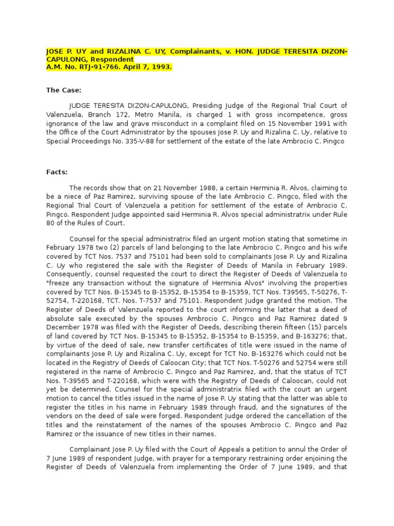 Jose P. Uy and Rizalina C. Uy, Complainants, V. Hon. Judge Teresita ...