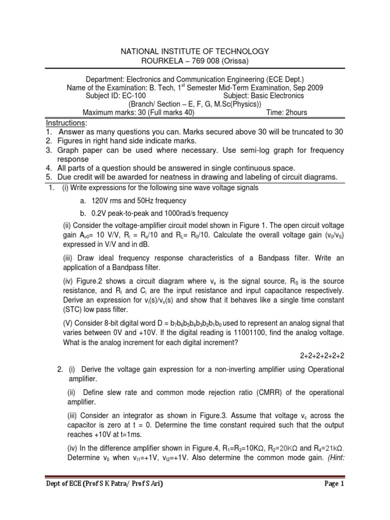 Analysis of a Basic Electronics Exam Covering Operational Amplifiers, Filters, Diodes, and ...