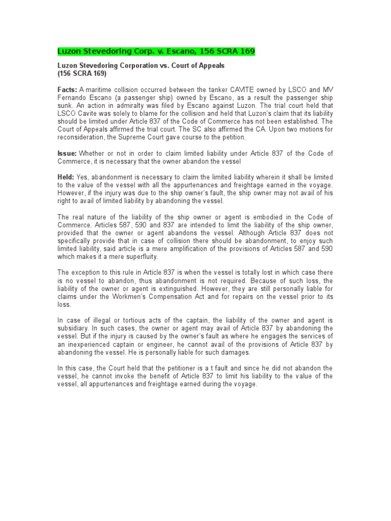 Luzon Stevedoring Liability Ruling | PDF | Admiralty Law | Common Law