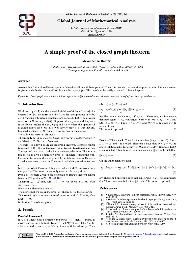 2016 A Simple Proof of The Closed Graph Theorem 1pp | PDF | Functional Analysis | Teaching ...