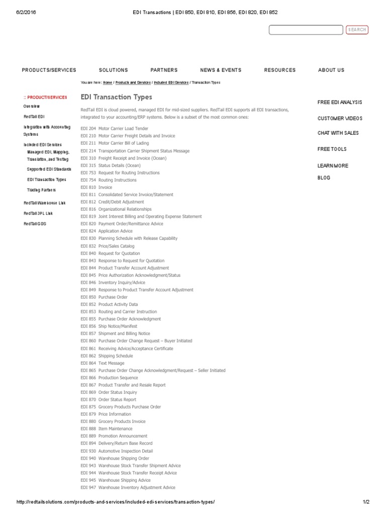 Edi Transactions - Edi 850, Edi 810, Edi 856, Edi 820, Edi 852 | PDF | Electronic Data ...