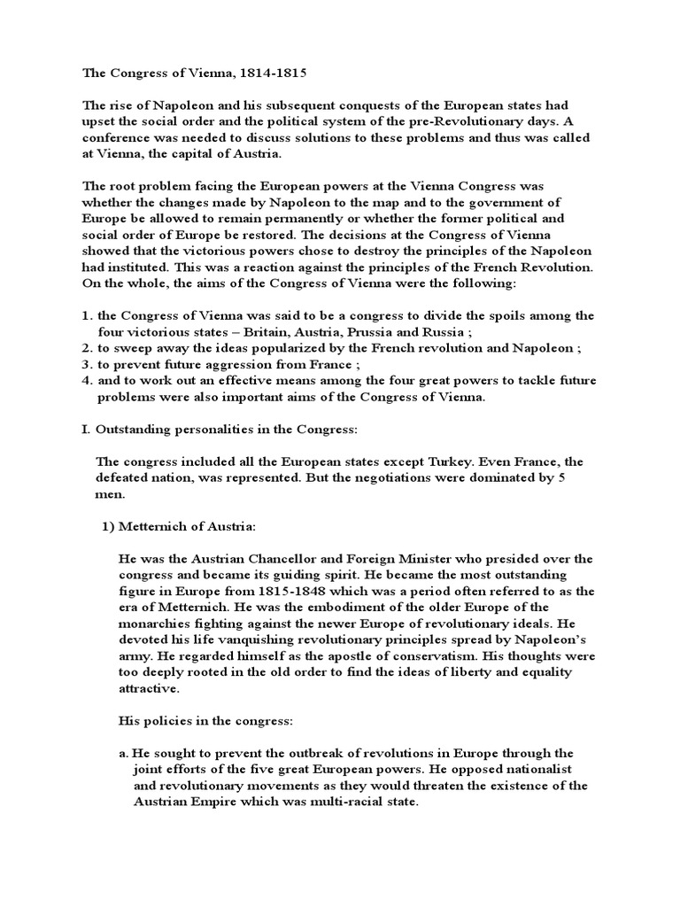 The Congress of Vienna: Restoring Order and Balance in Post-Napoleonic ...
