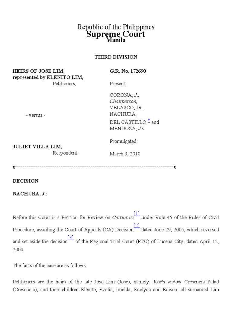 Heirs of Jose Lim V Juliet Villa Lim | PDF | Burden Of Proof (Law ...