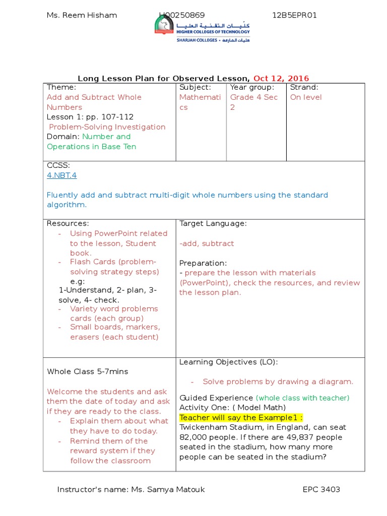 Long Lesson Plan For Observed Lesson,: Number and Operations in Base ...