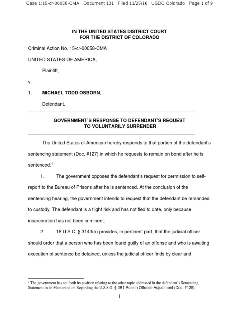 Government's Response To Osborn's Request To Voluntarily Surrender ...