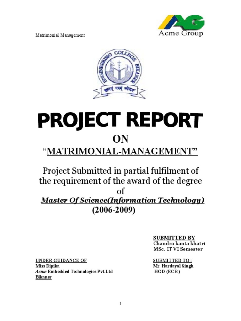 "Matrimonial-Management": Project Submitted in Partial Fulfilment of The Requirement of The ...