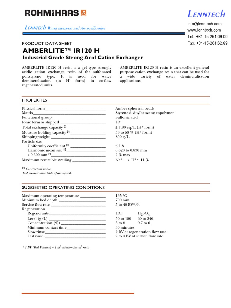 Lenntech: Amberlite™ Ir120 H