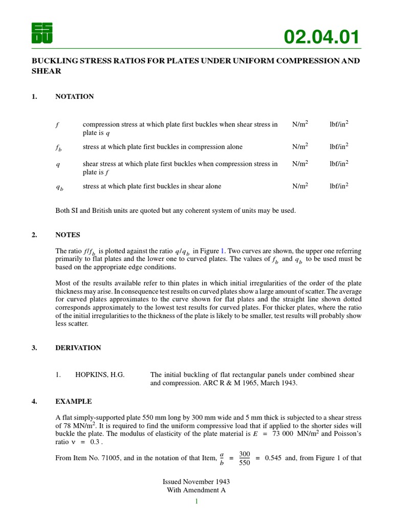 Esdu s020401 Buckling Stress Ratios For Plates Under Uniform ...