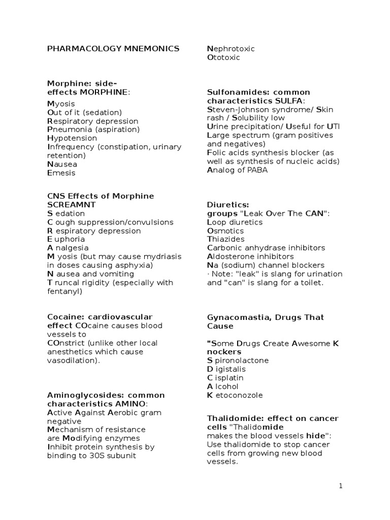 Pharmacology Mnemonics Guide | PDF | Wellness