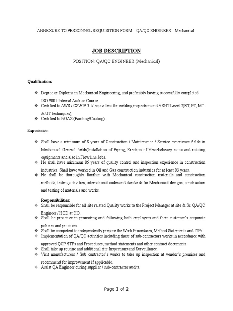 JD QAQC Engineer Mech 2016 | PDF | Quality Assurance | Mechanical Engineering