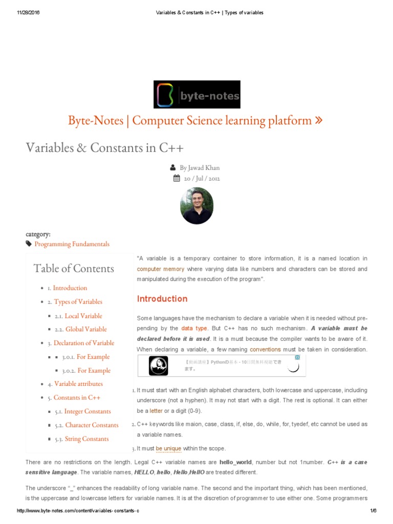 Variables & Constants in C++ - Types of Variables | PDF | Variable (Computer Science) | Scope ...