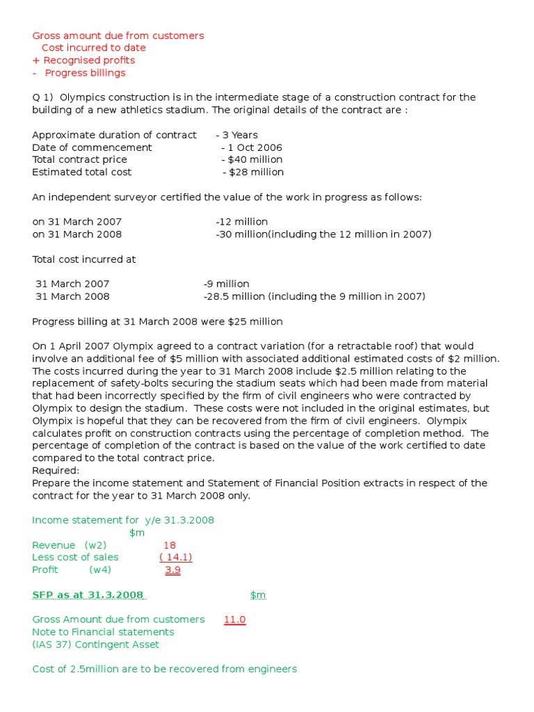 Gross Amount Due From Customers Cost Incurred To Date + Recognised ...