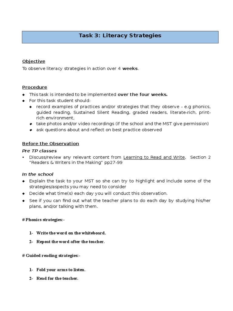 Task 3: Literacy Strategies: Objective | PDF