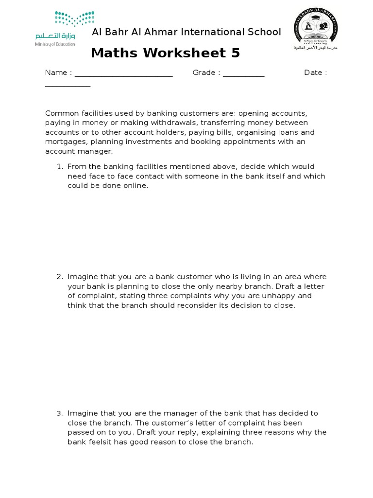 Maths Worksheet 5: Al Bahr Al Ahmar International School | PDF