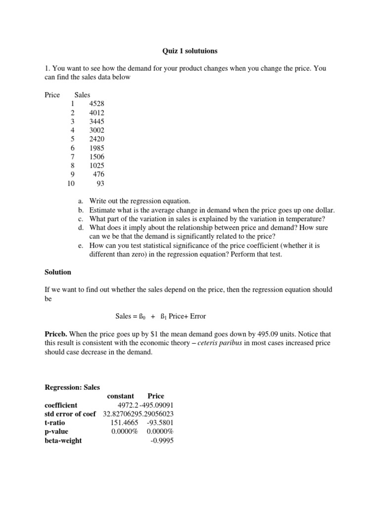 Quiz Solutions | PDF | Coefficient Of Determination | Errors And Residuals