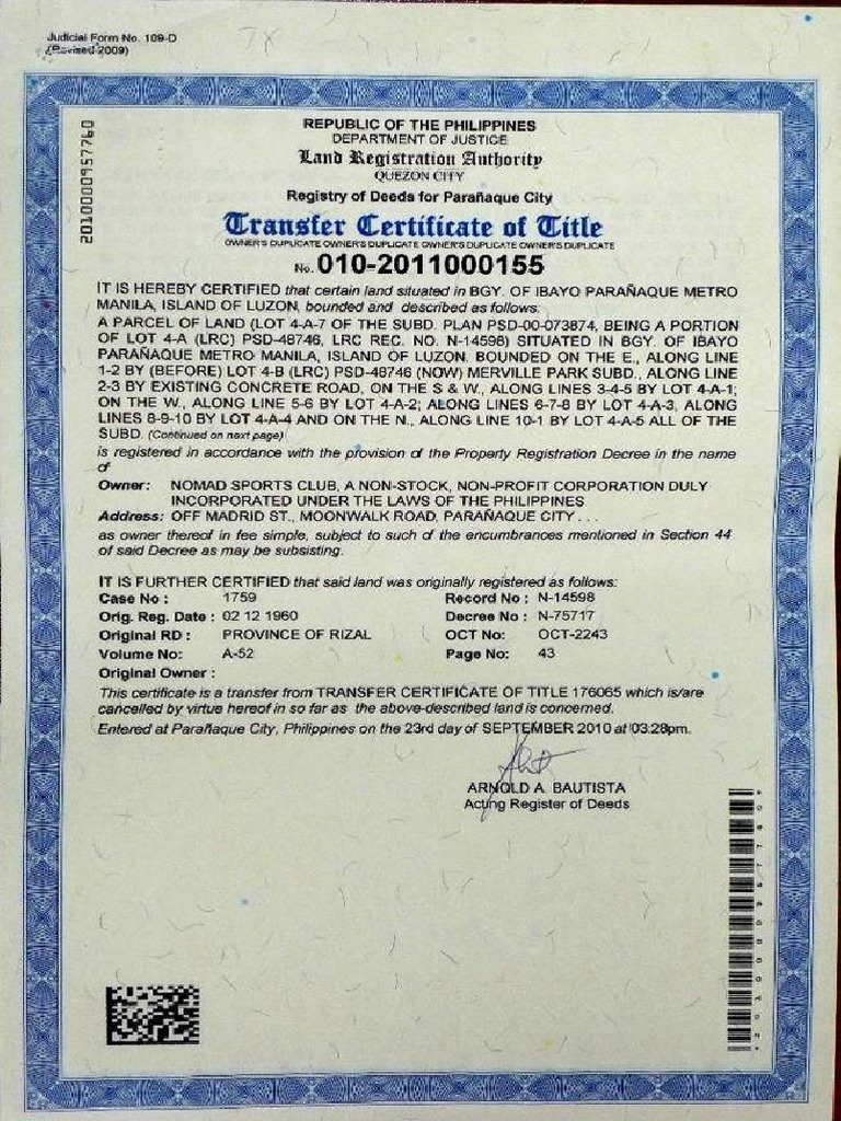 Transfer Certificate of Title CRT 5 | PDF