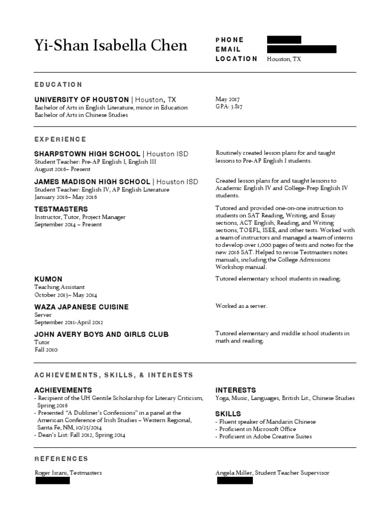 Resume v01 - Abridged Redacted Vers | PDF | Sat | Teaching