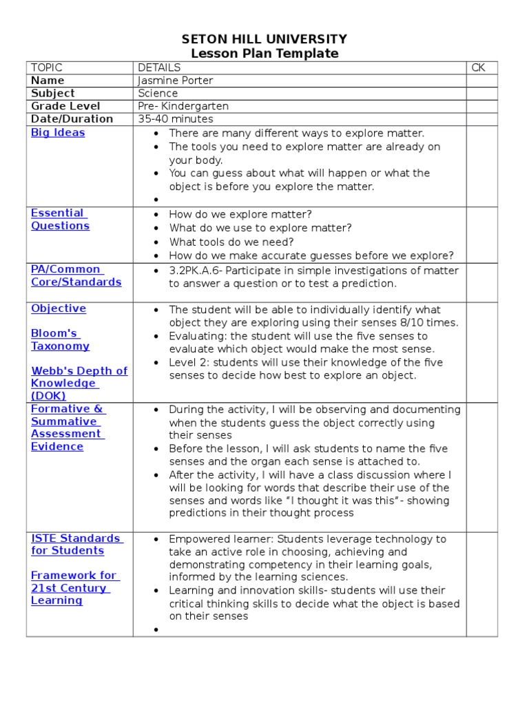 Seton Hill University Lesson Plan Template: Name Subject Grade Level ...
